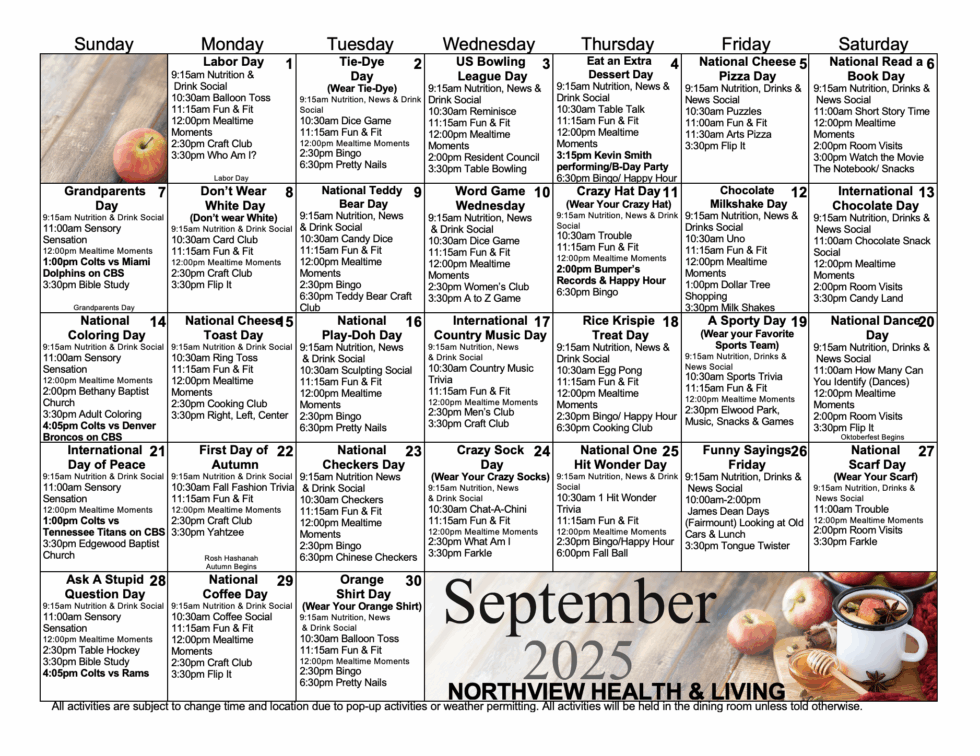 September Calendar – Northview | Essential Senior Health and Living